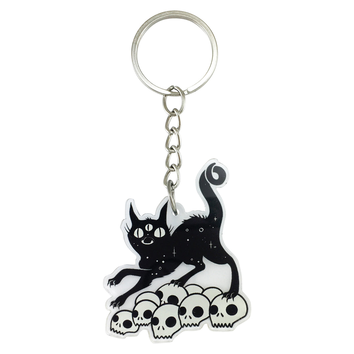 Black Cat With Skulls Keychain, Goth Accessories